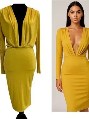 Le Fash | Dresses | Mustard Yellow Deep Plunge Vneck Long Sleeve Midi ...